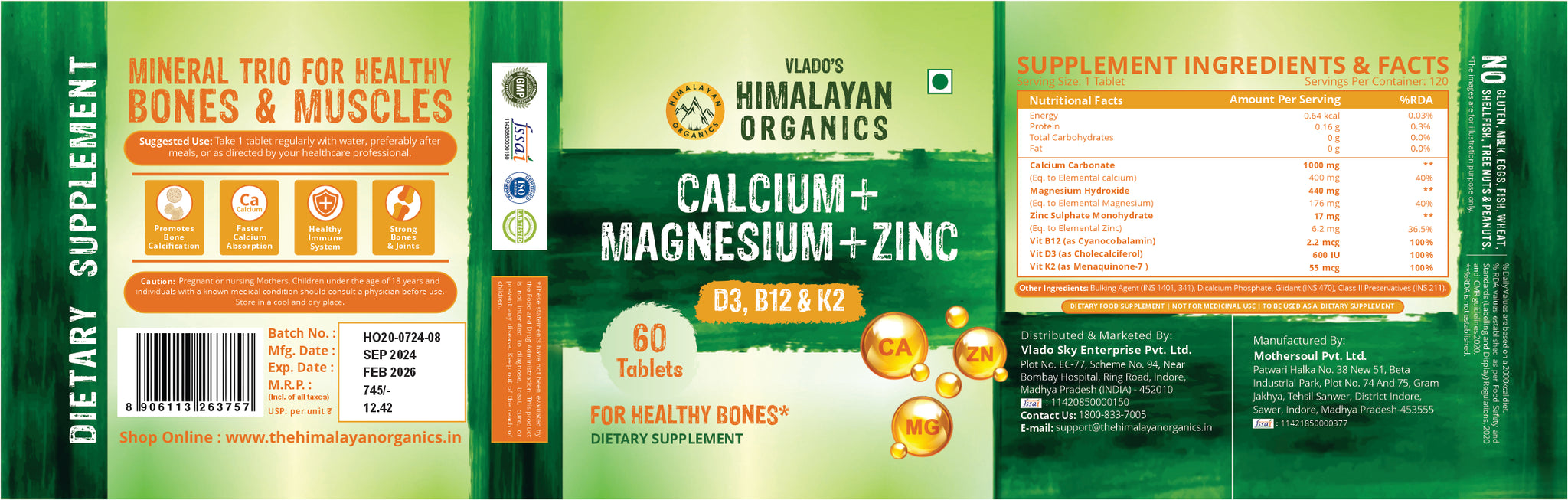 Vlado's Himalayan Organics Calcium Magnesium Zinc Vitamin D3 & B12-60
